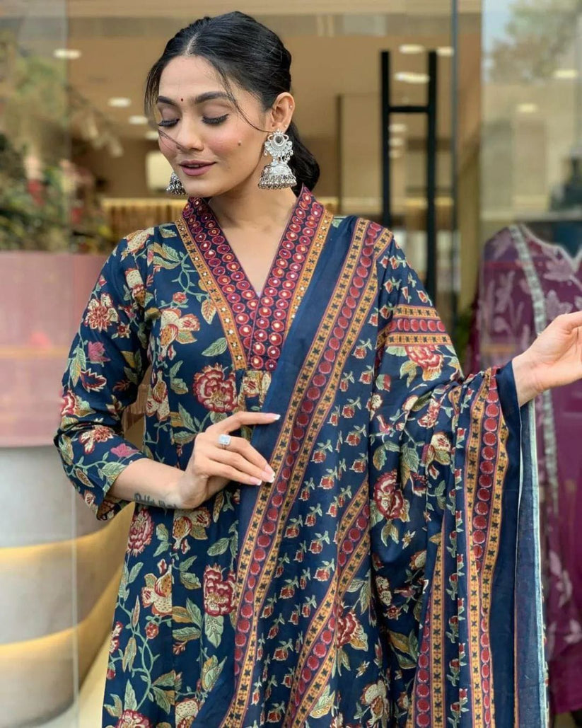 Cotton New Designer Kurta Pant And Dupatta Set Blue – Label Danilo